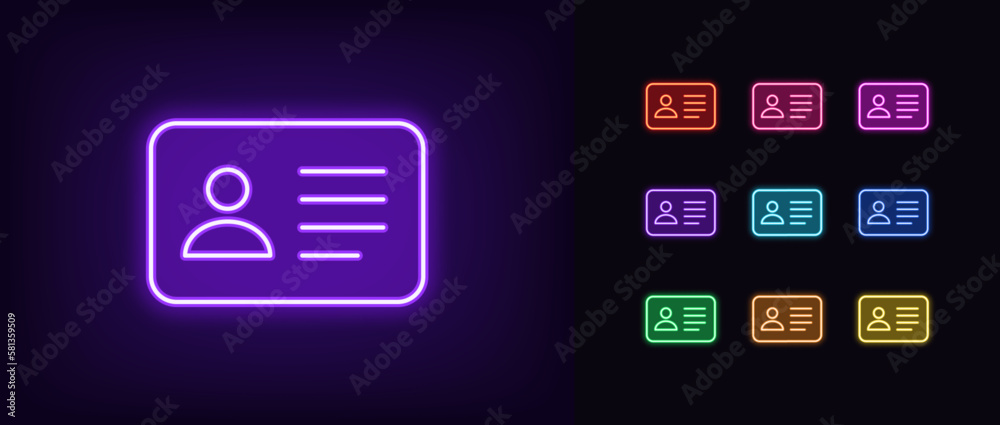 Outline neon ID card icon set. Glowing neon personal ID card, driver ...