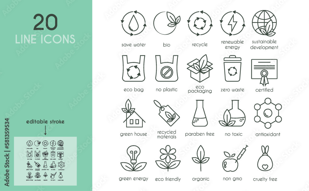Set of ecology icons. Save water, recycling, renewable energy, no waste ...