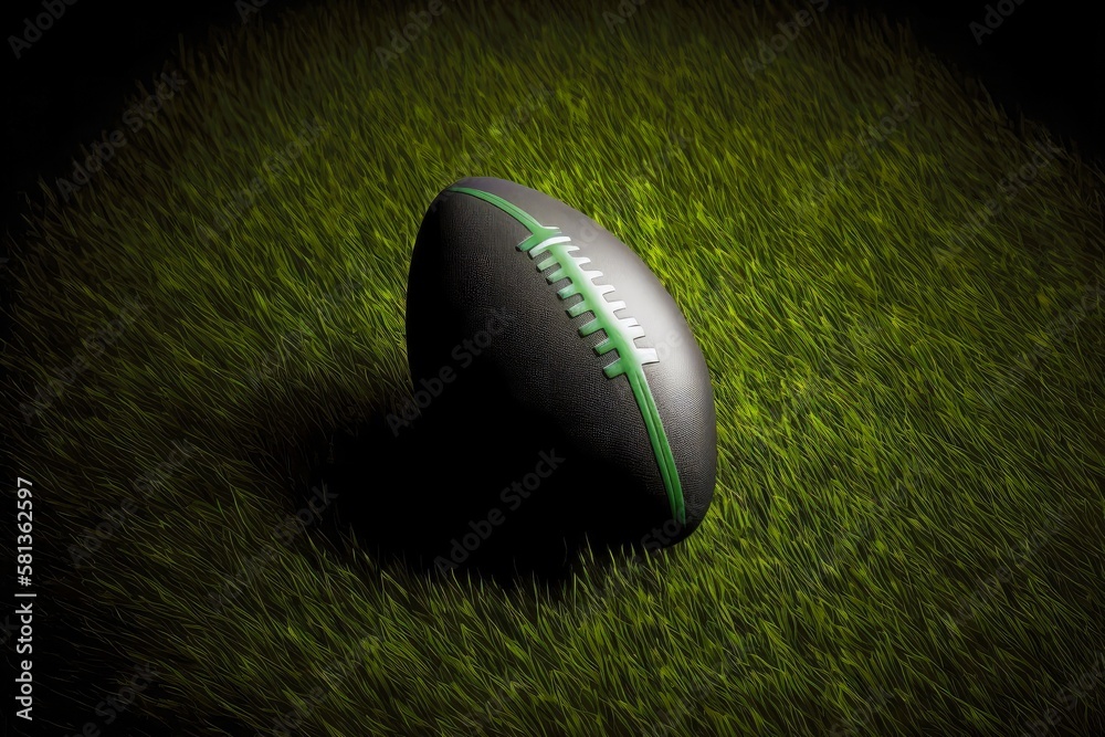 elongated ball for playing american football lies on green grass ...
