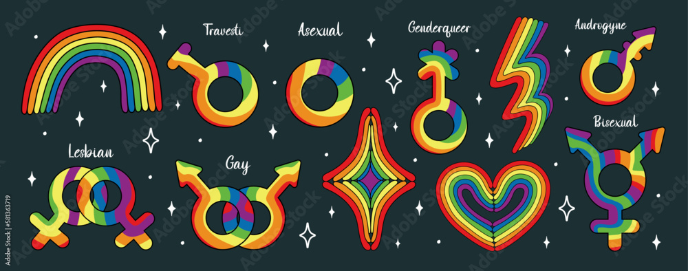 Set of LGBTQ community symbols. Pride month stickers. Sexual ...