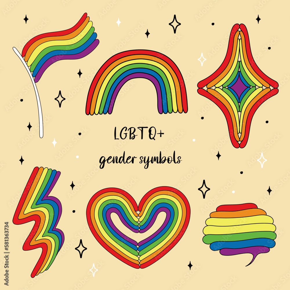 Set of LGBTQ community symbols. Pride month stickers. Rainbow, flag ...