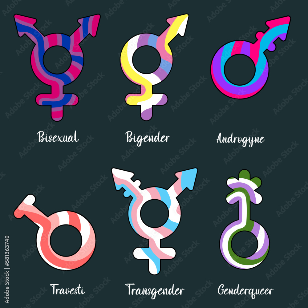Set of flat pride month LGBTQ symbols. Colorful gender icons. Stock ...