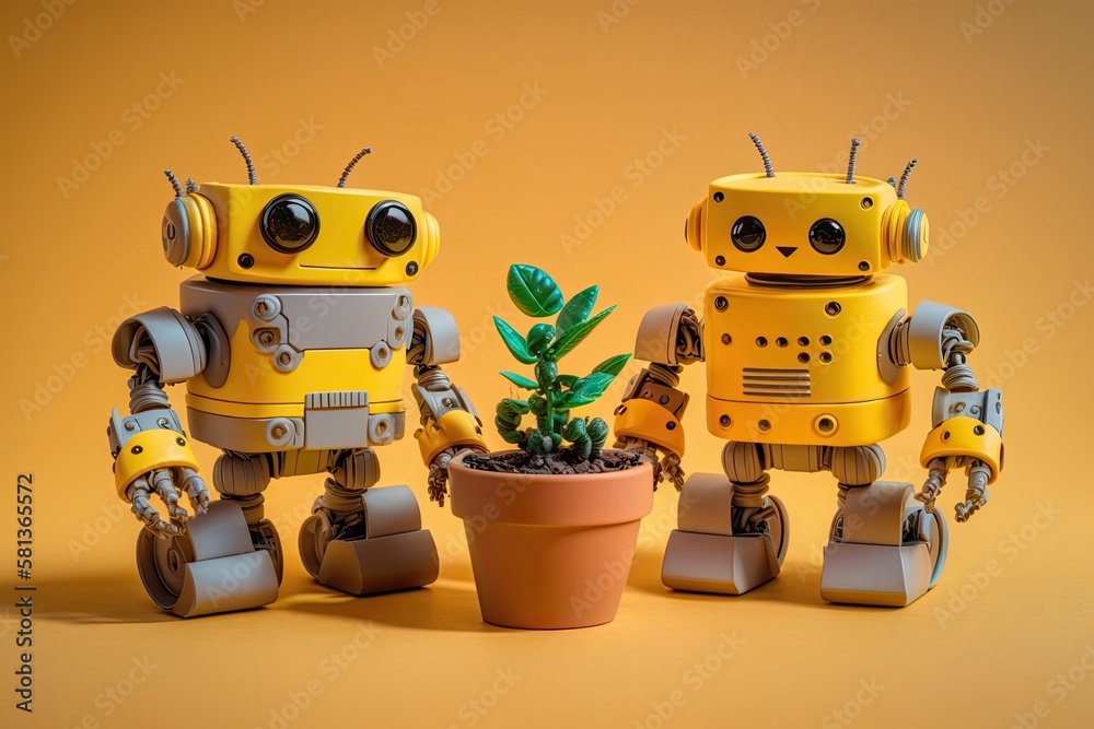 Smart garden robotics technology. Two happy breeder gardener robots ...