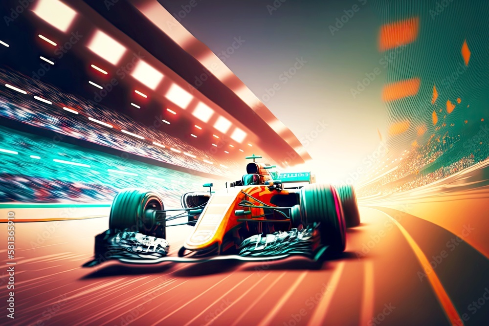 racing car across stadium for formula one racing on blurry background ...