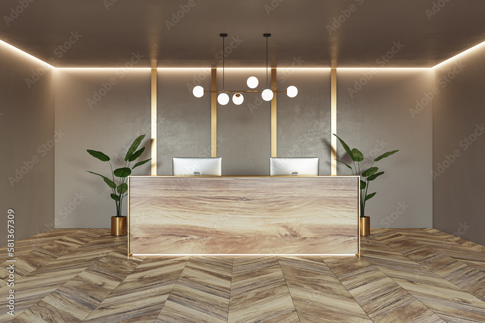 Front view on stylish reception desk made from natural wooden slab with ...