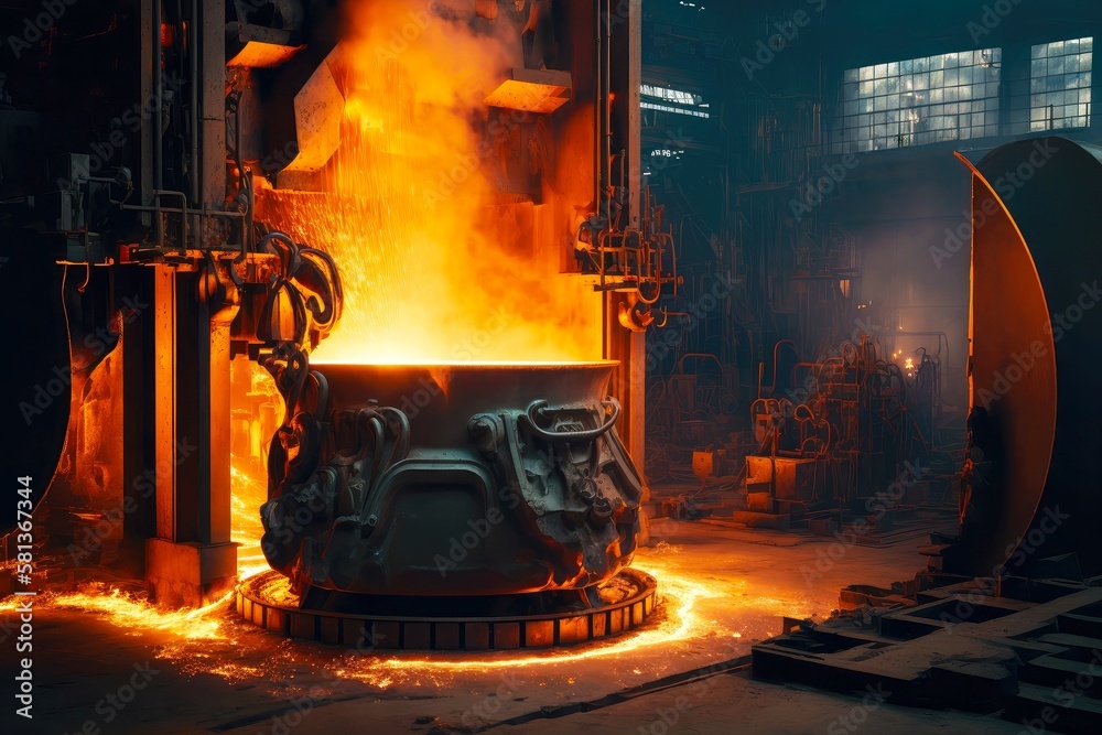 molten metal flows out of smelting furnace into large vat on foundry ...