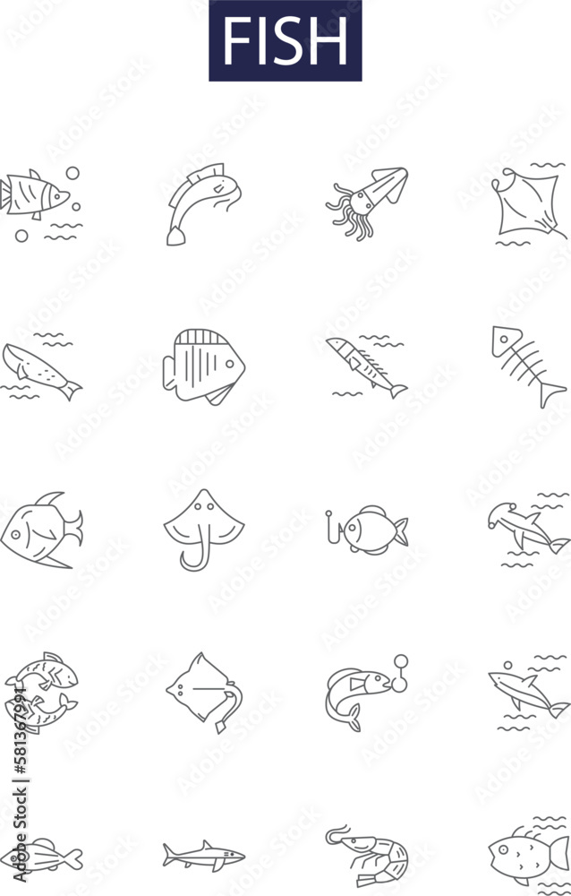 Fish line vector icons and signs. Salmon, Trout, Goldfish, Mackerel ...