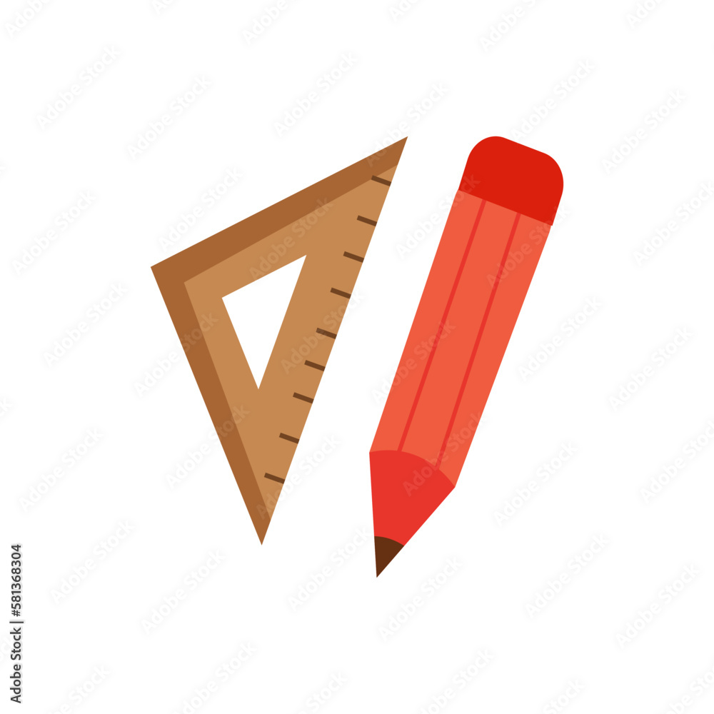 Pencil and triangle ruler line cartoon flat set illustration. School ...