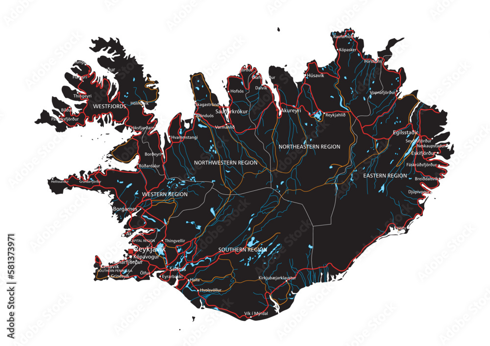 High detailed Iceland road map with labeling. Stock Vector | Adobe Stock