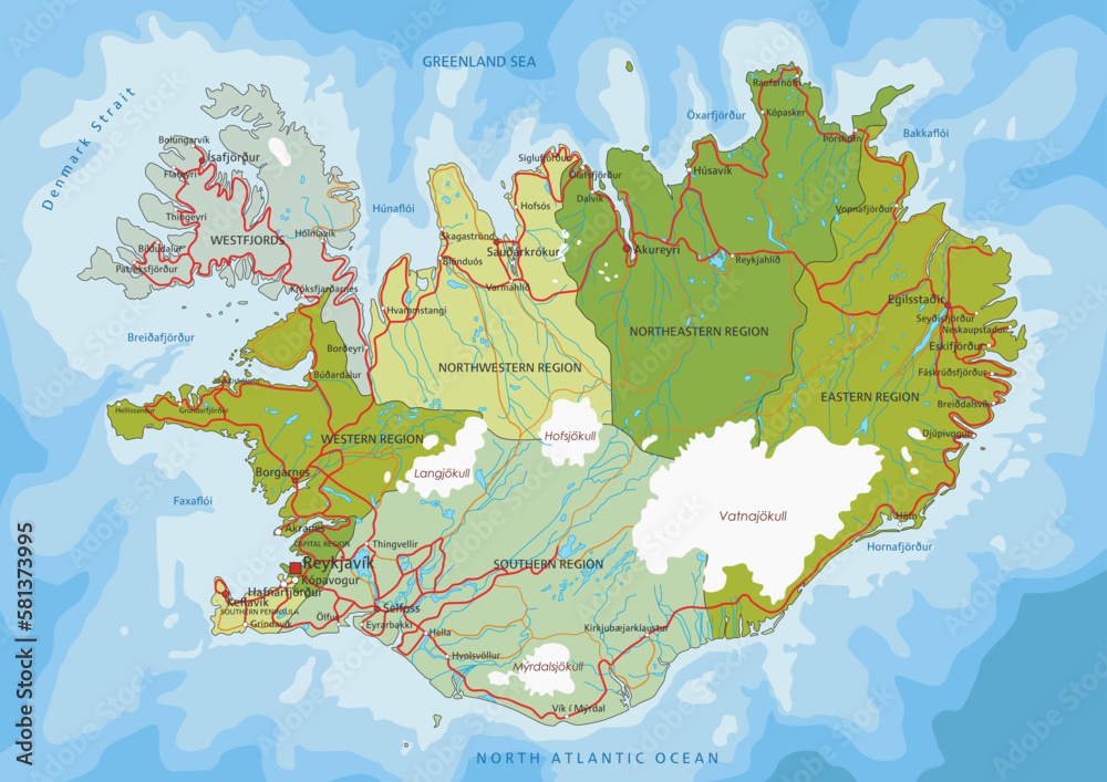 Highly detailed editable political map with separated layers. Iceland ...