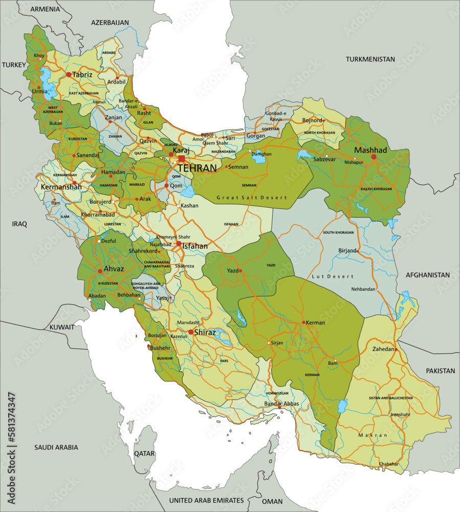 Highly detailed editable political map with separated layers. Iran ...