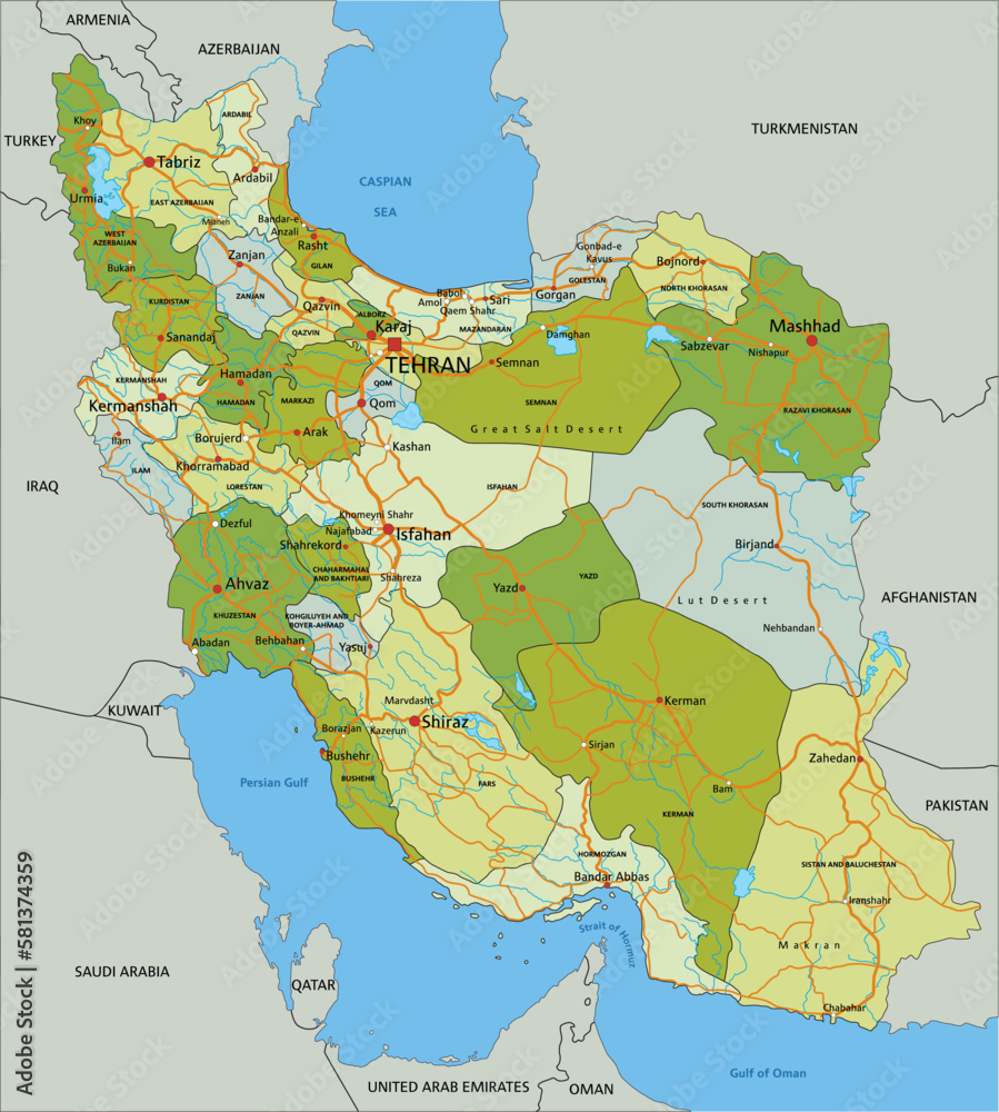 Highly detailed editable political map with separated layers. Iran ...