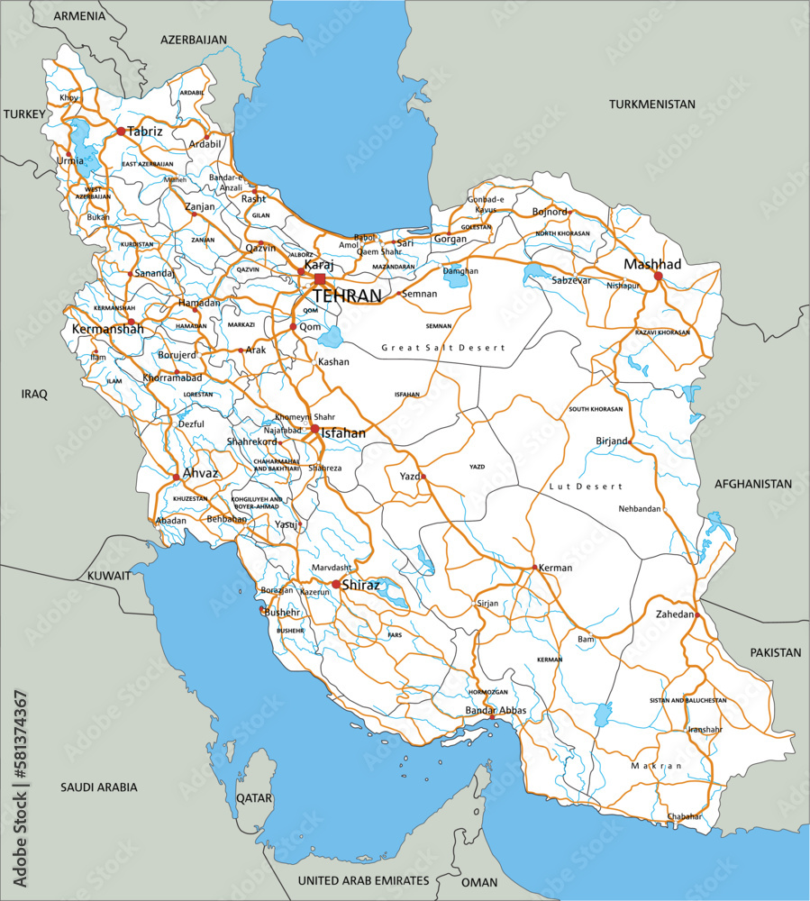 High detailed Iran road map with labeling. Stock Vector | Adobe Stock