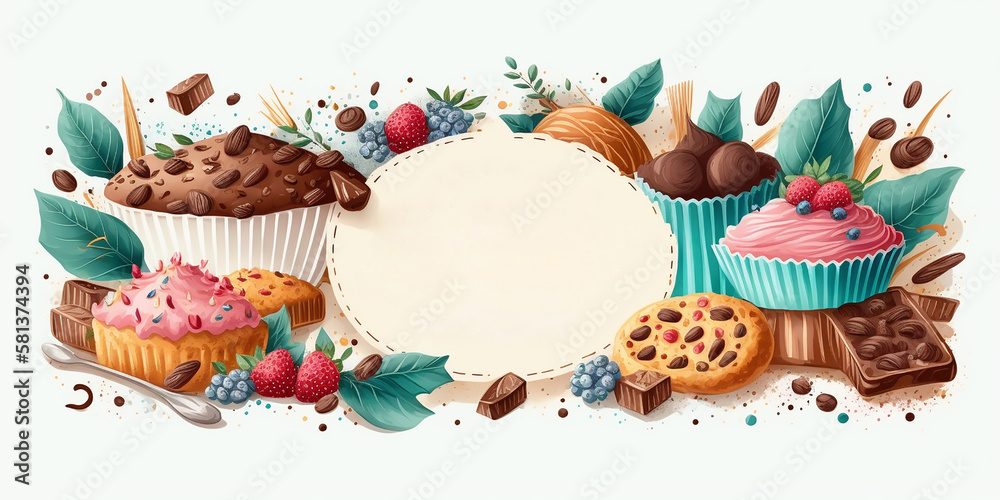 Horizontal seamless frame for cakes and pies in sketch style ...