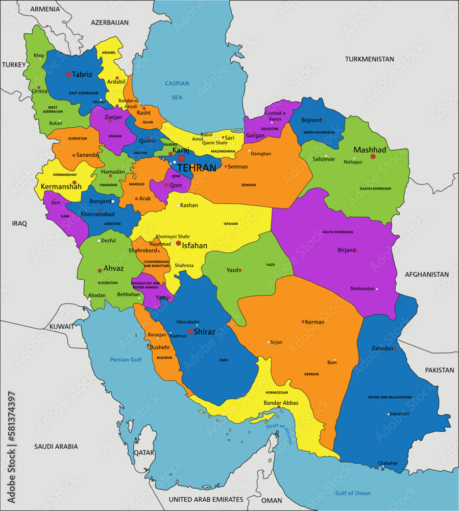 Colorful Iran political map with clearly labeled, separated layers ...