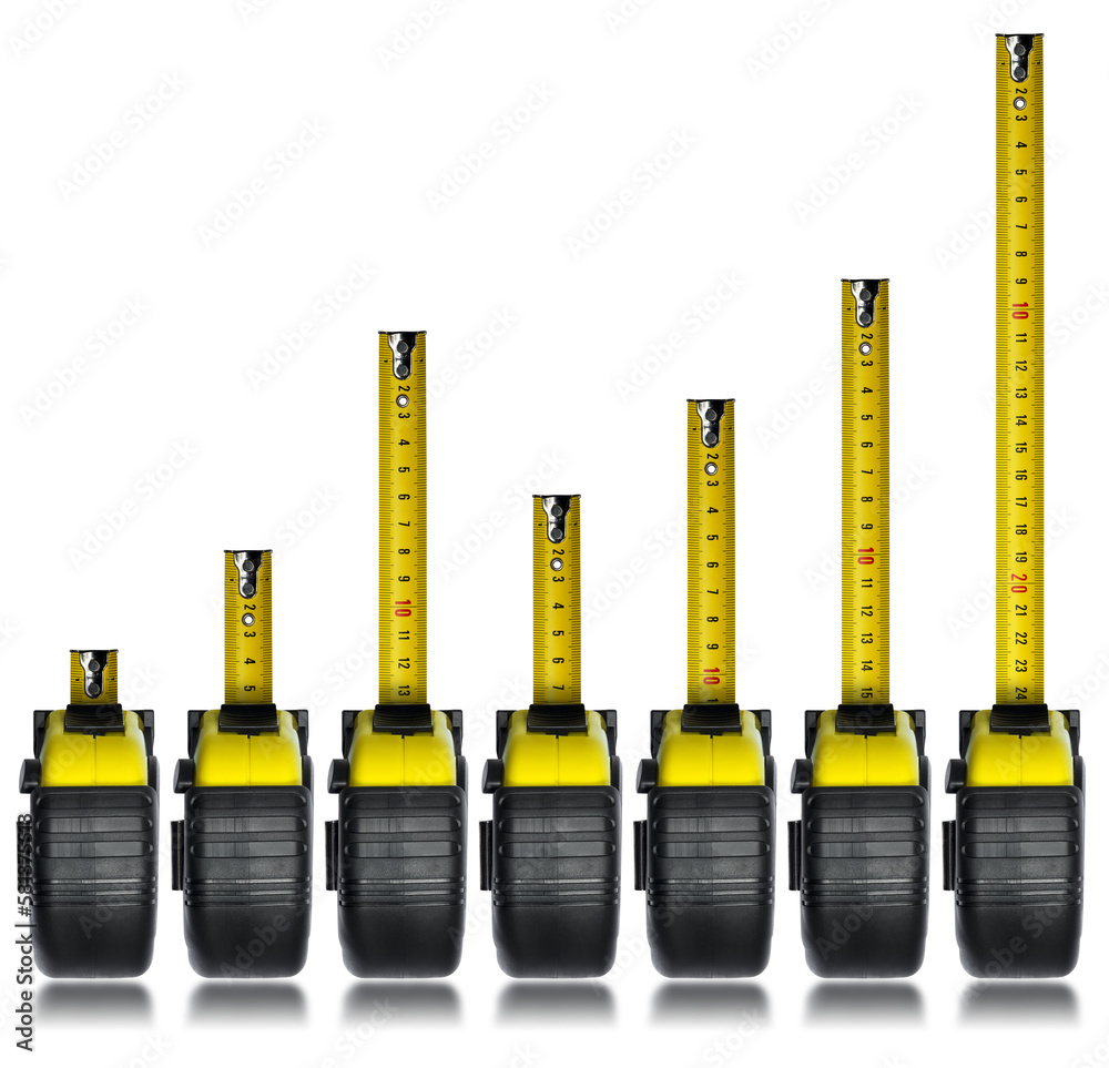Group of seven tape measures forming a bar graph isolated on white or ...