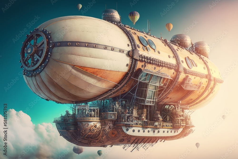 A hyper-detailed epic composition of a steampunk airship floating in ...