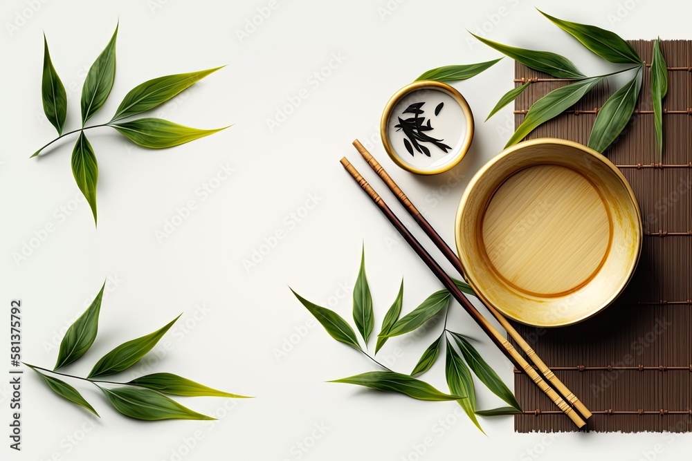 Chopsticks, a bamboo mat, and bamboo leaves on a white background this ...