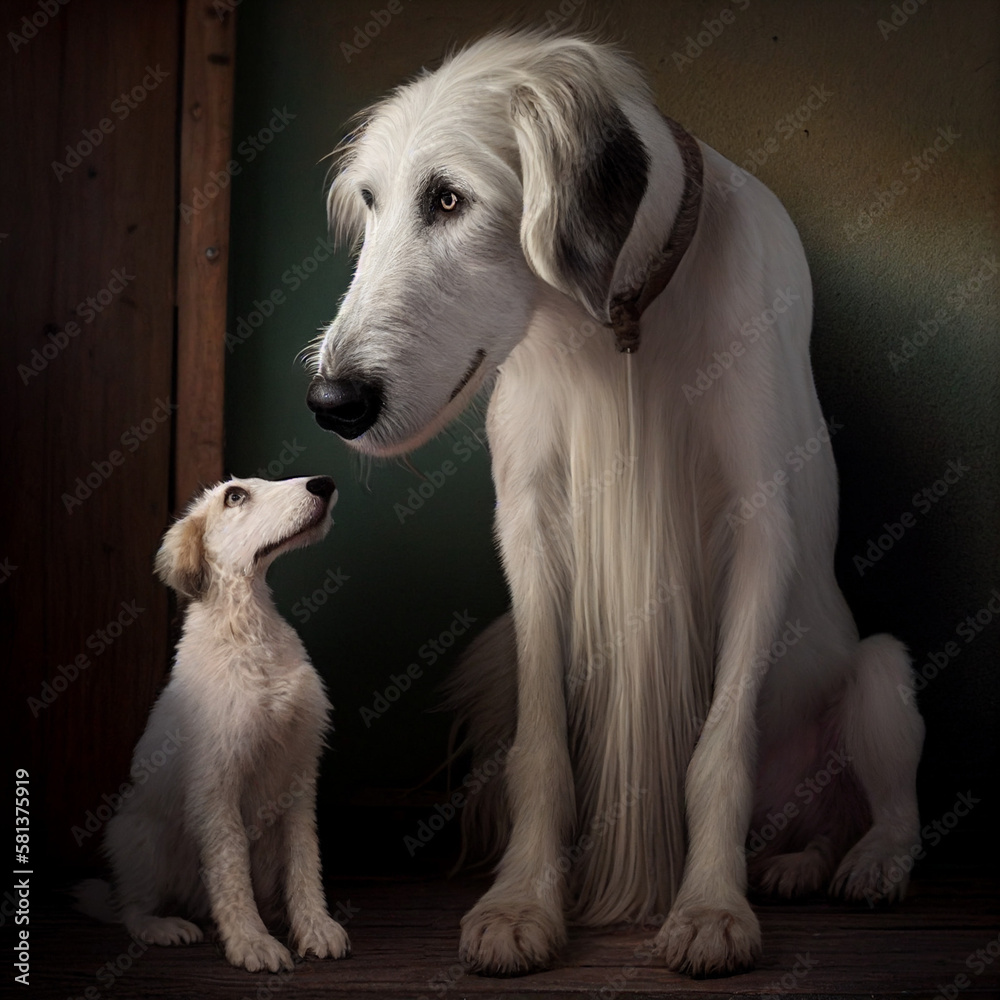 Russian Wolfhound with extra long nose sits next to its puppy Stock ...