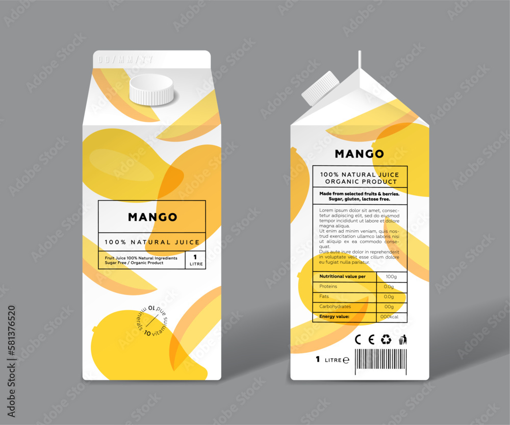 Mango juice. Template packaging design. Whole and cut transparent ...