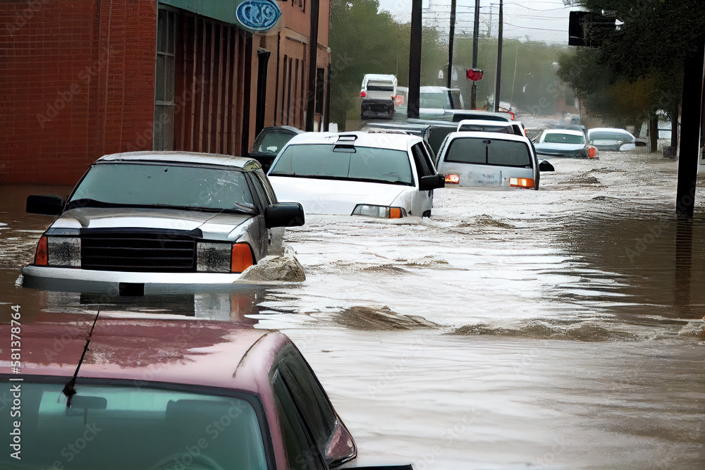 Flooded cars on the street of the city. Heavy rain. Disaster Motor ...