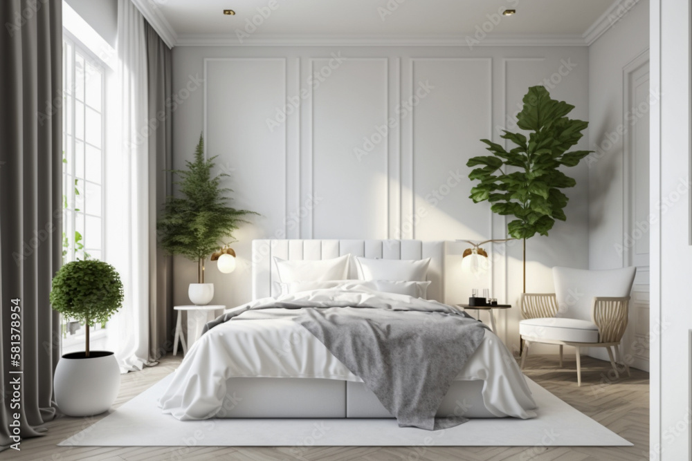 Modern interior design of bedroom. Minimalistic clean room with white ...