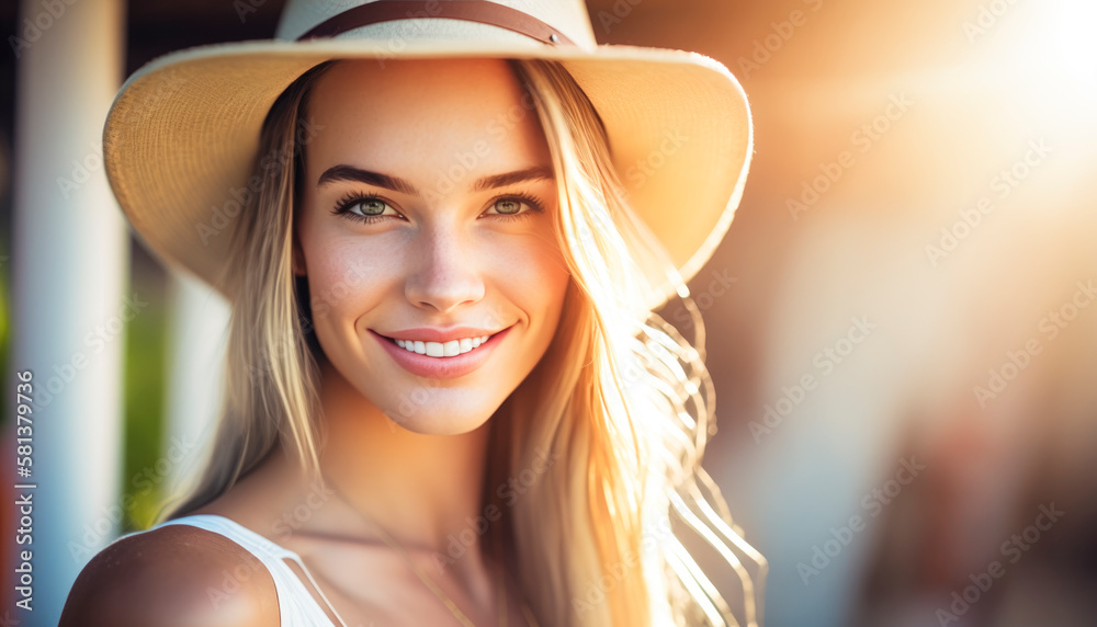 Beautiful woman on summer holiday in the sun looking amazing on her ...