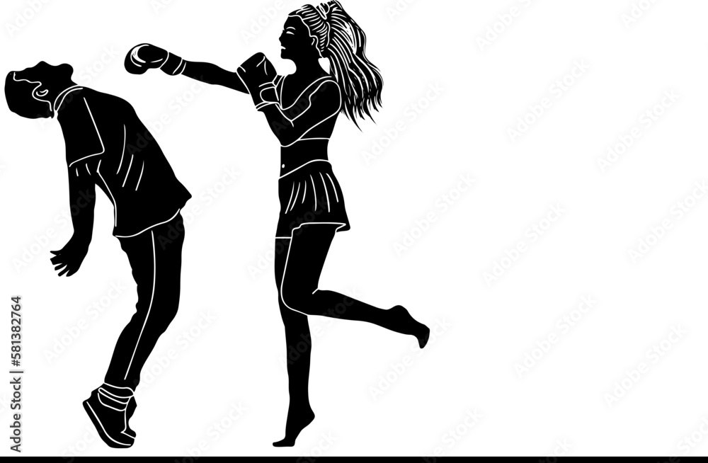 female boxer hitting a punch to a man's silhouette, sketch drawing of a ...
