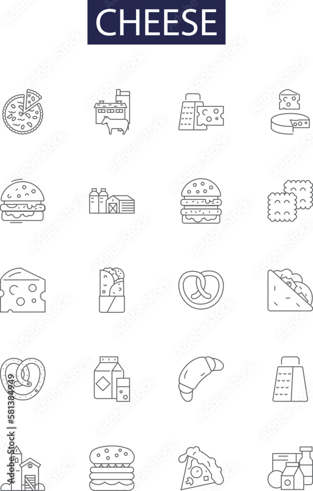 Cheese line vector icons and signs. Cheddar, Camembert, Brie, Feta ...
