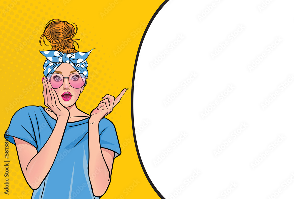 Beautiful Woman With Surprised Glasses And Finger Pointing Advertising Poster Or Speech Bubble