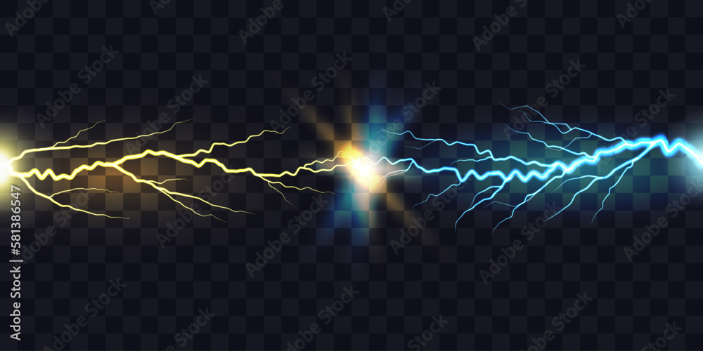 Opposition of yellow and blue lightning. Realistic electric lightning ...