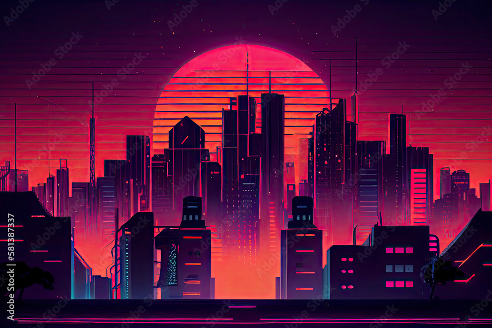 Retro wave city background. Neon night landscape with a futuristic city ...