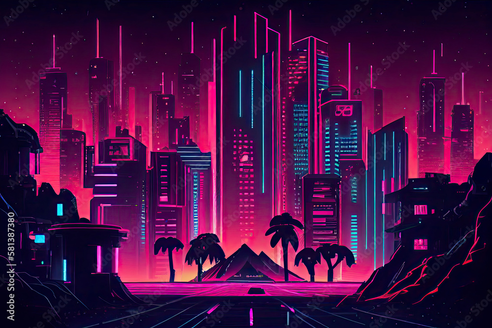 Retro wave city background. Neon night landscape with a futuristic city ...