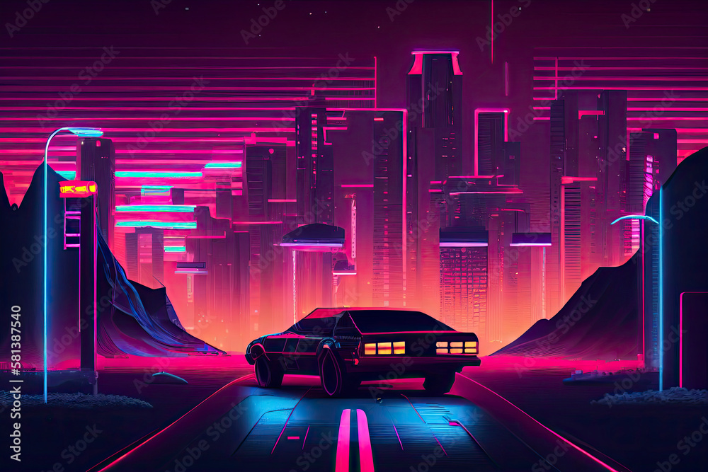 Retro wave city background. Neon night landscape with a futuristic city ...