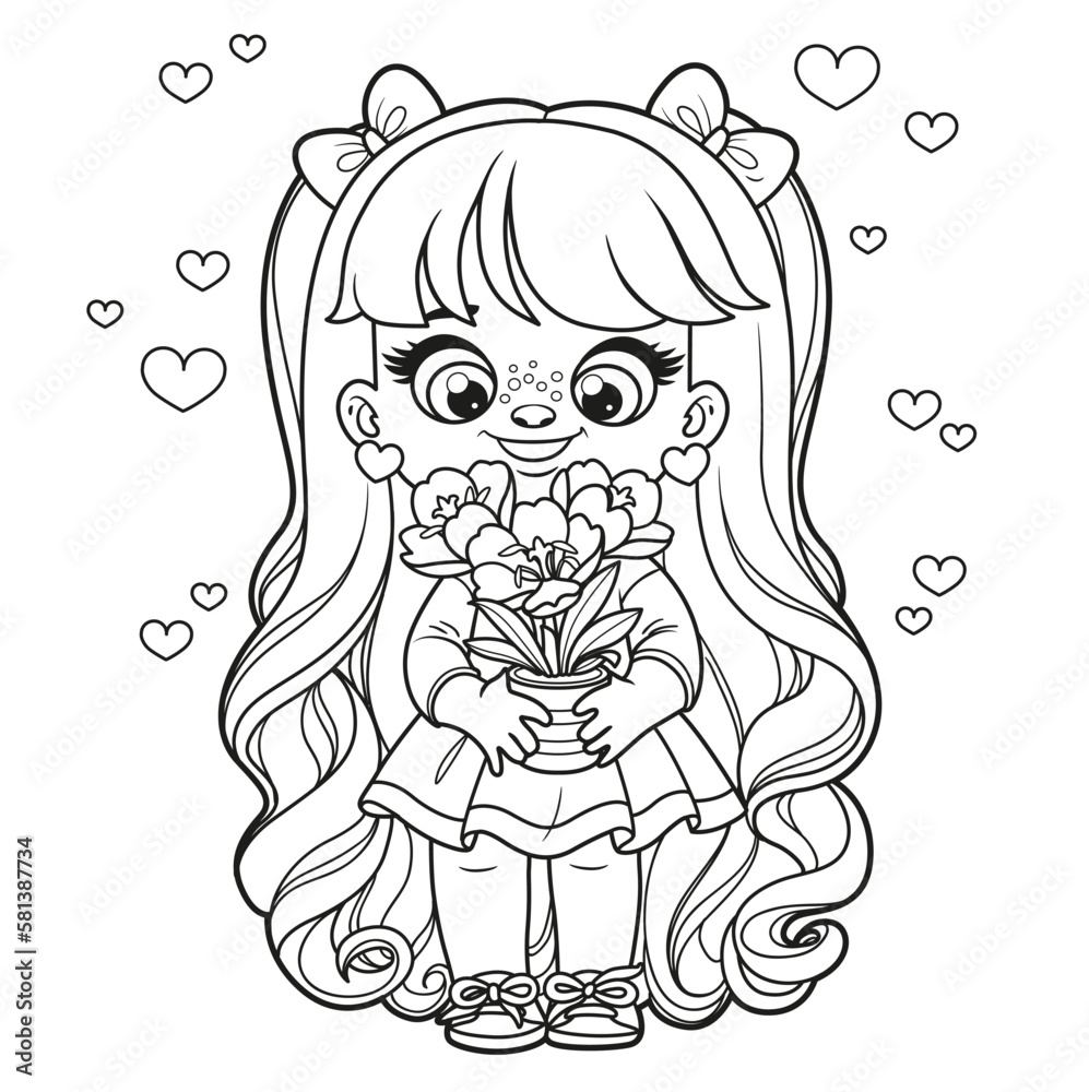 Cute cartoon long haired girl holds a crocus in pot outlined for ...