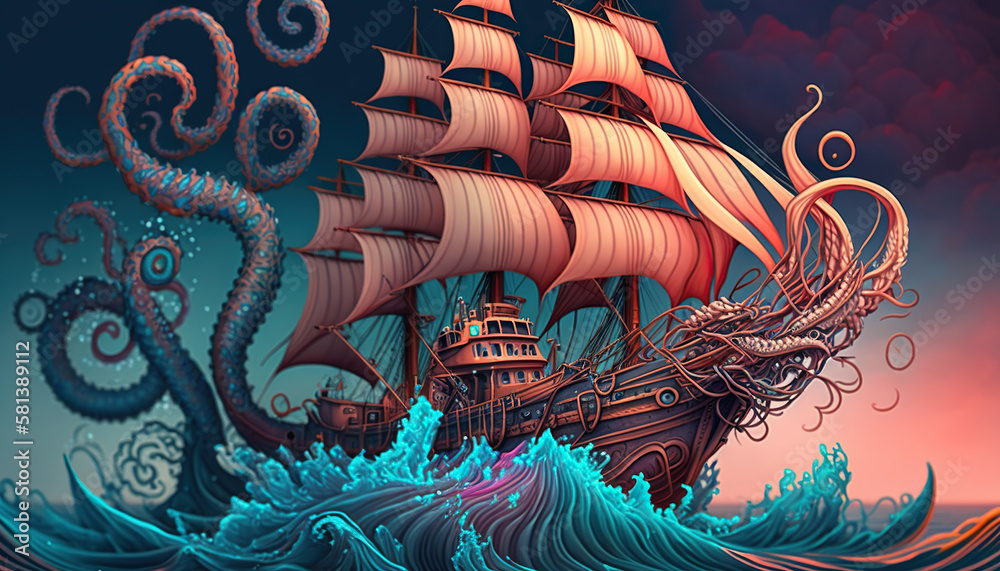 sailing ship and kraken giant octopus. Generative AI Stock Illustration | Adobe Stock