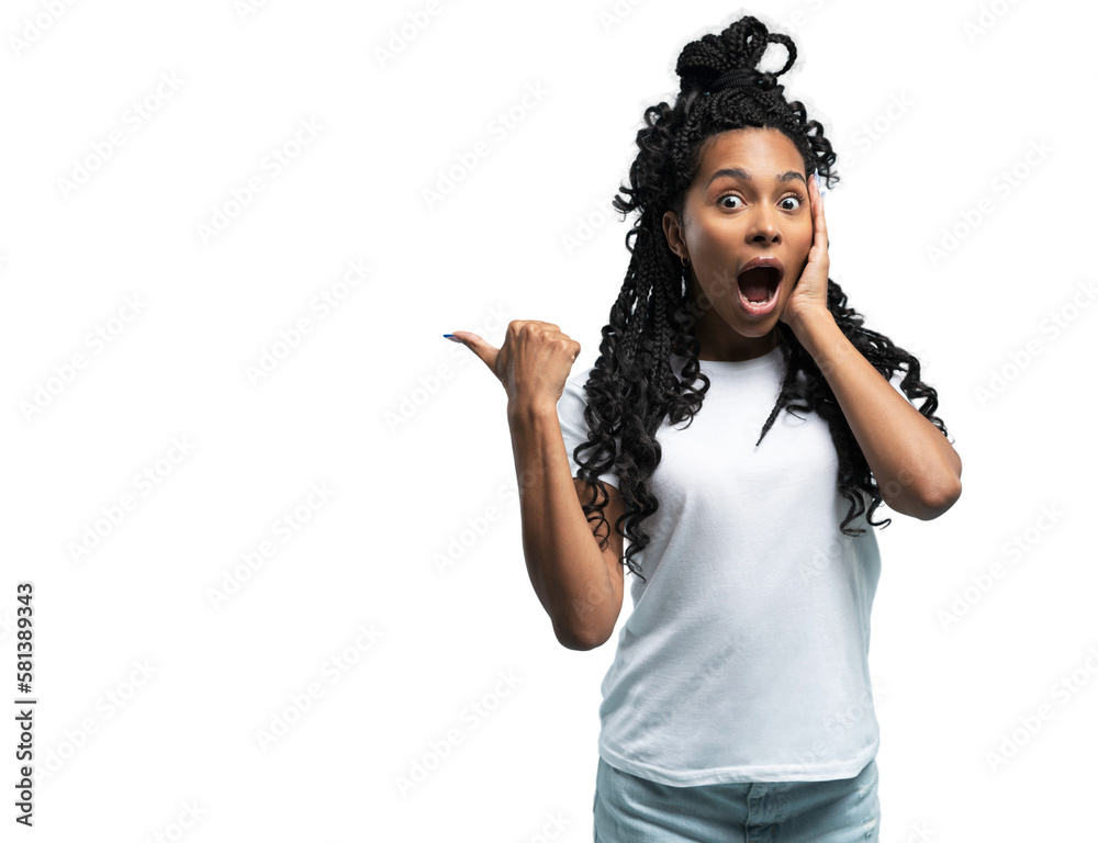 Excited young woman pointing fingers at copy space, surprised female ...