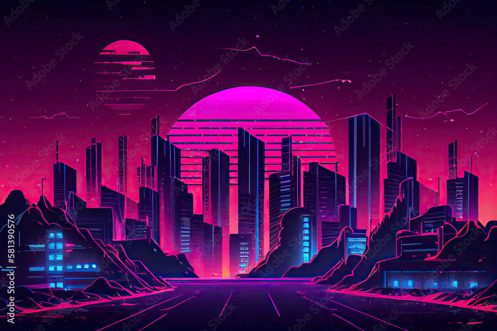 Retro wave city background. Neon night landscape with a futuristic city ...