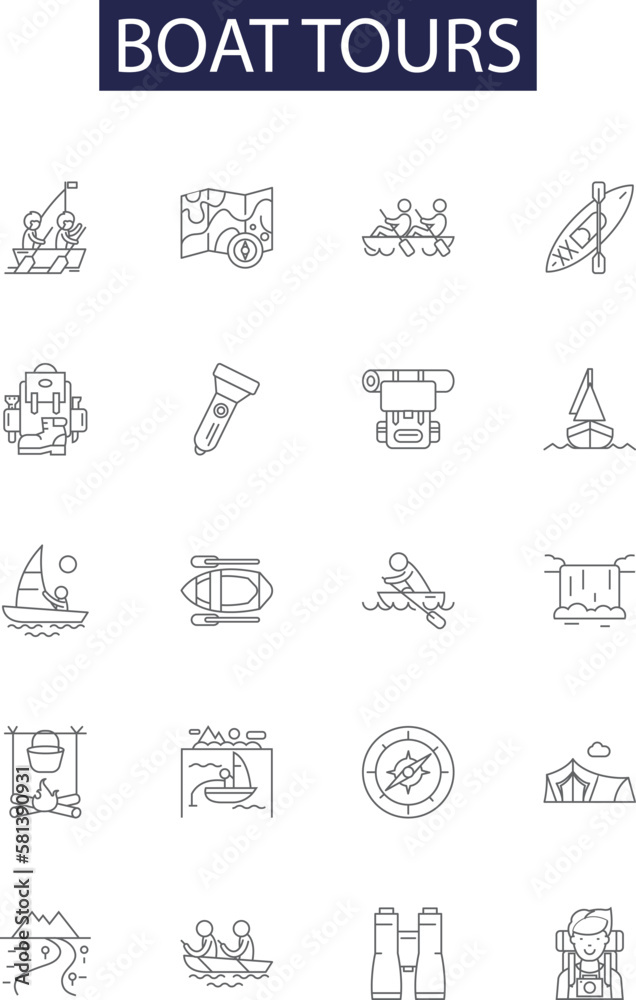 Boat tours line vector icons and signs. Tours, Cruises, Charters ...