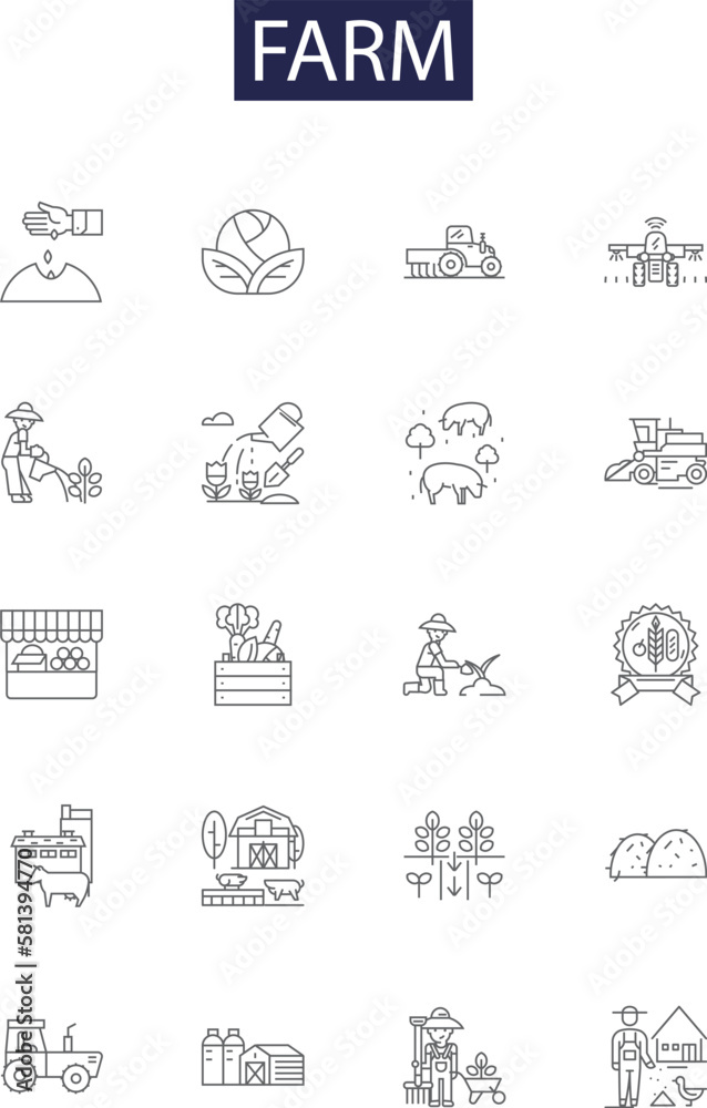 Farm line vector icons and signs. Harvest, Agronomy, Plough, Livestock ...