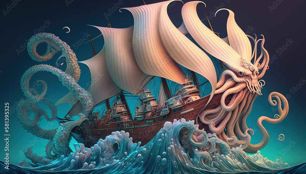 sailing ship and kraken giant octopus. Generative AI Stock Illustration | Adobe Stock