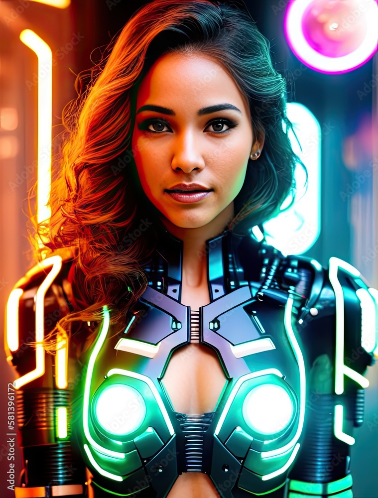 A beautiful young woman in a futuristic costume standing in a room with ...