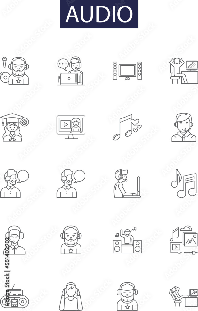 Audio line vector icons and signs. Music, Microphone, Hearing, Speakers ...