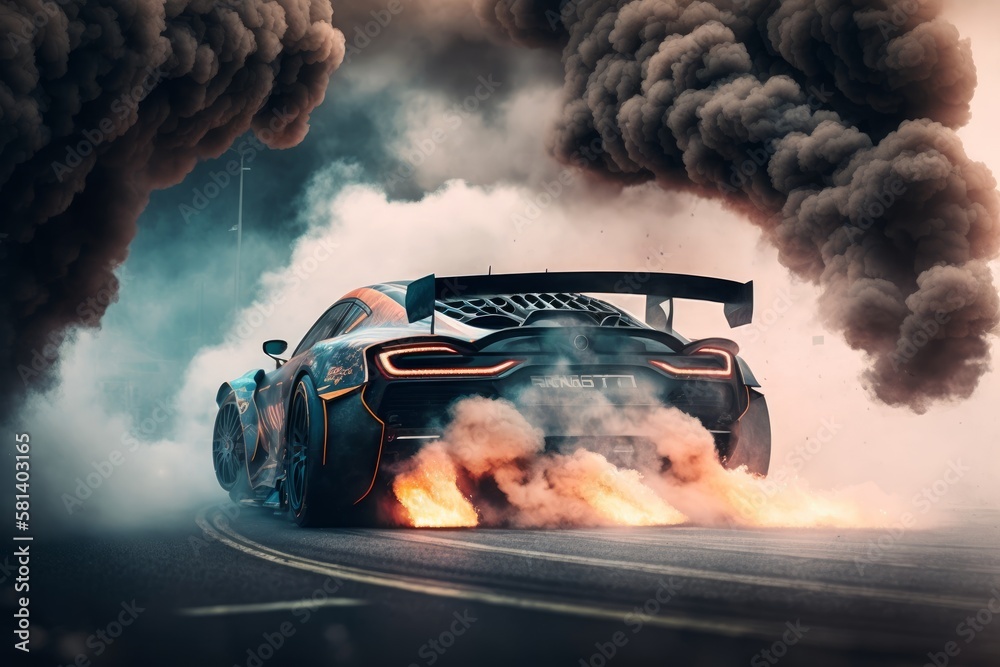 Racing car with burning tires on the road. Generative AI Stock ...
