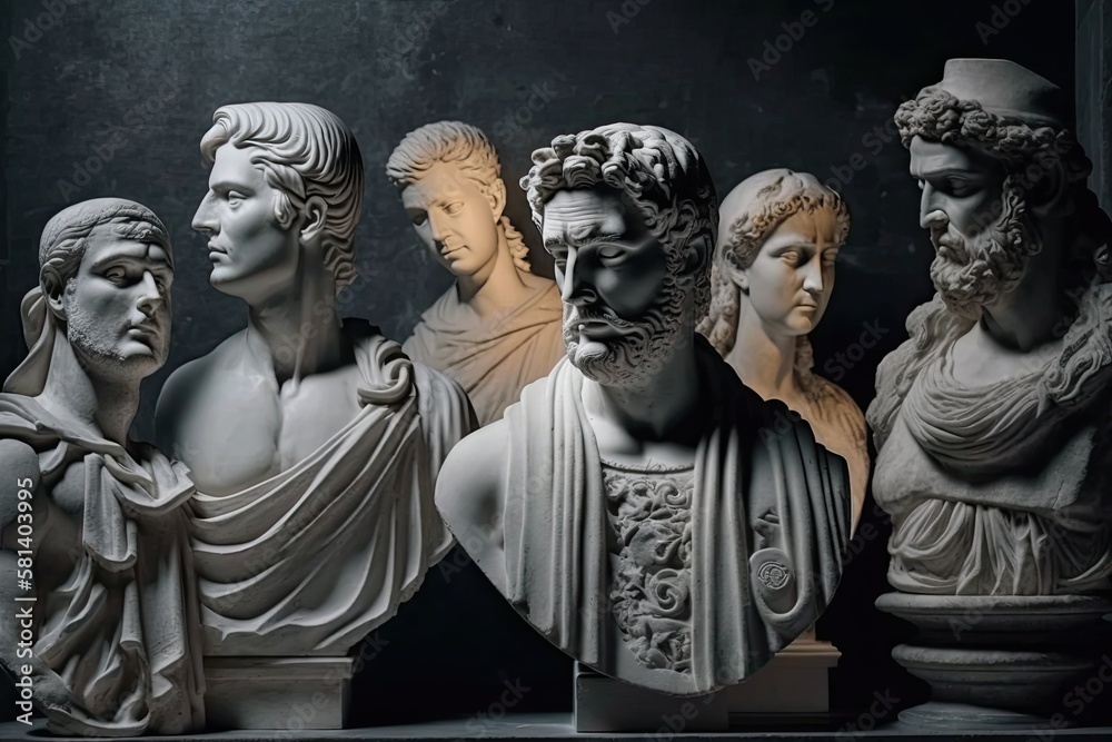 Busts of ancient human figures in gypsum arranged in groups for artists ...