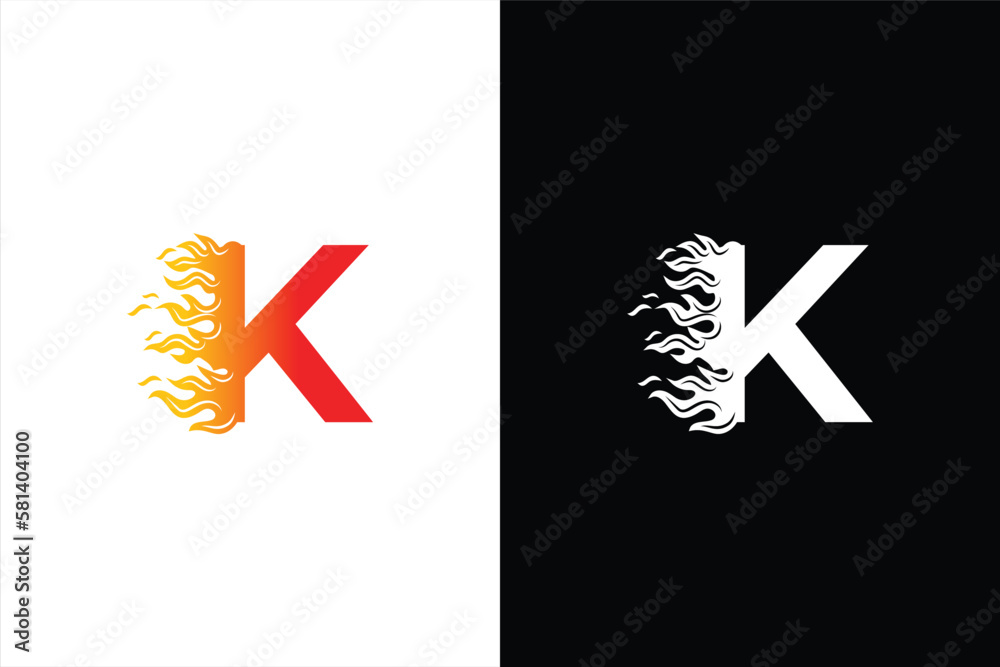 Initial letter K and fire shape with ribbon logo style in gradient ...