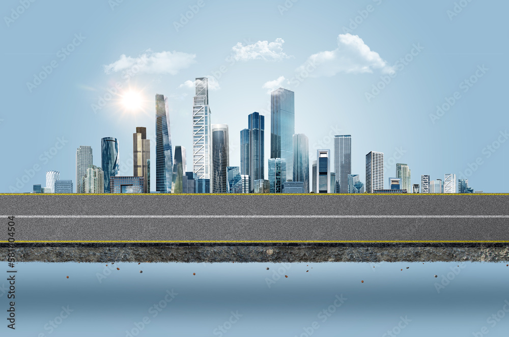 Side view of straight road with buildings skyline on the back. Road ...