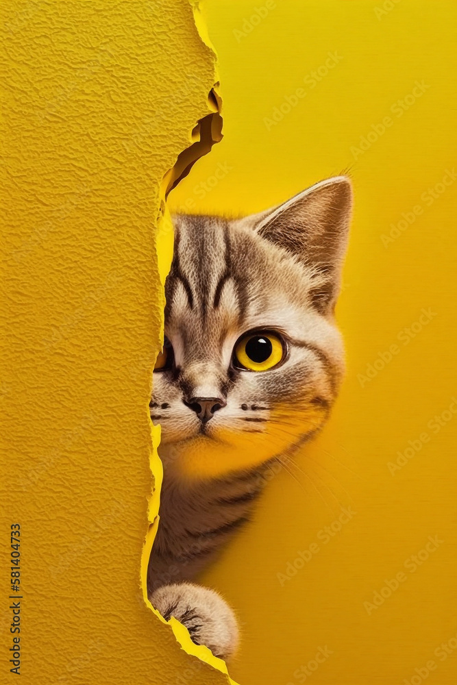 Cute tabby cat looking from behind the yellow wall background ...