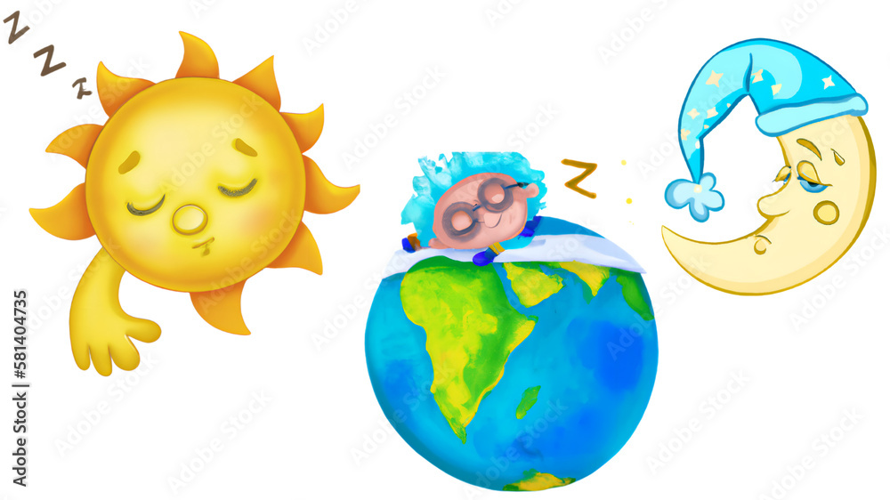 Sleeping sun, sleeping moon, and sleeping world. cartoon art. no ...