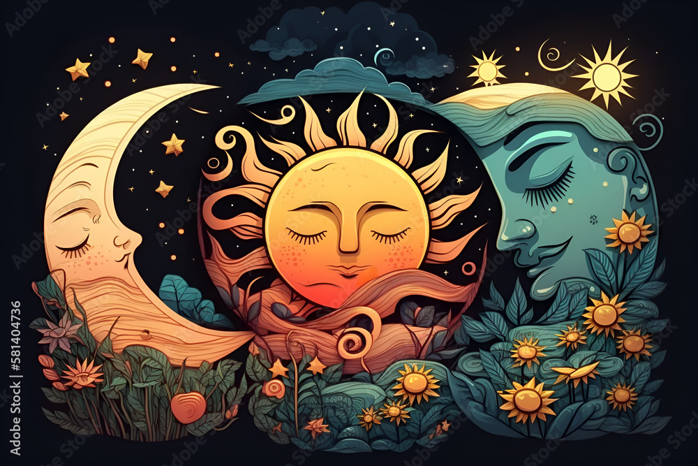 Sleeping sun, sleeping moon, and sleeping world. cartoon art. no ...